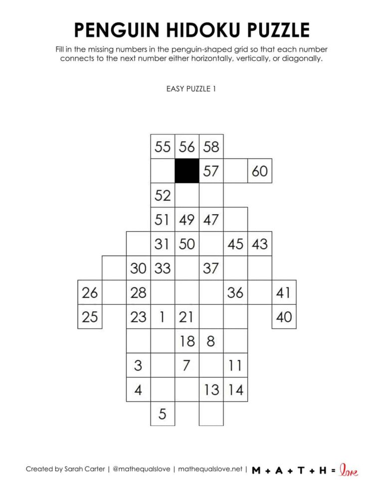 Penguin Hidoku Puzzles | Math = Love