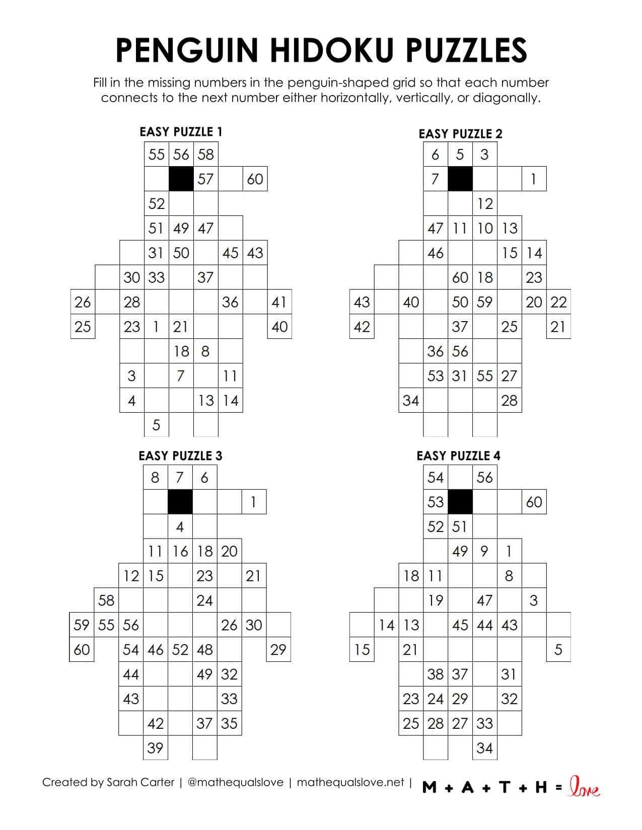 Penguin Hidoku Puzzles | Math = Love