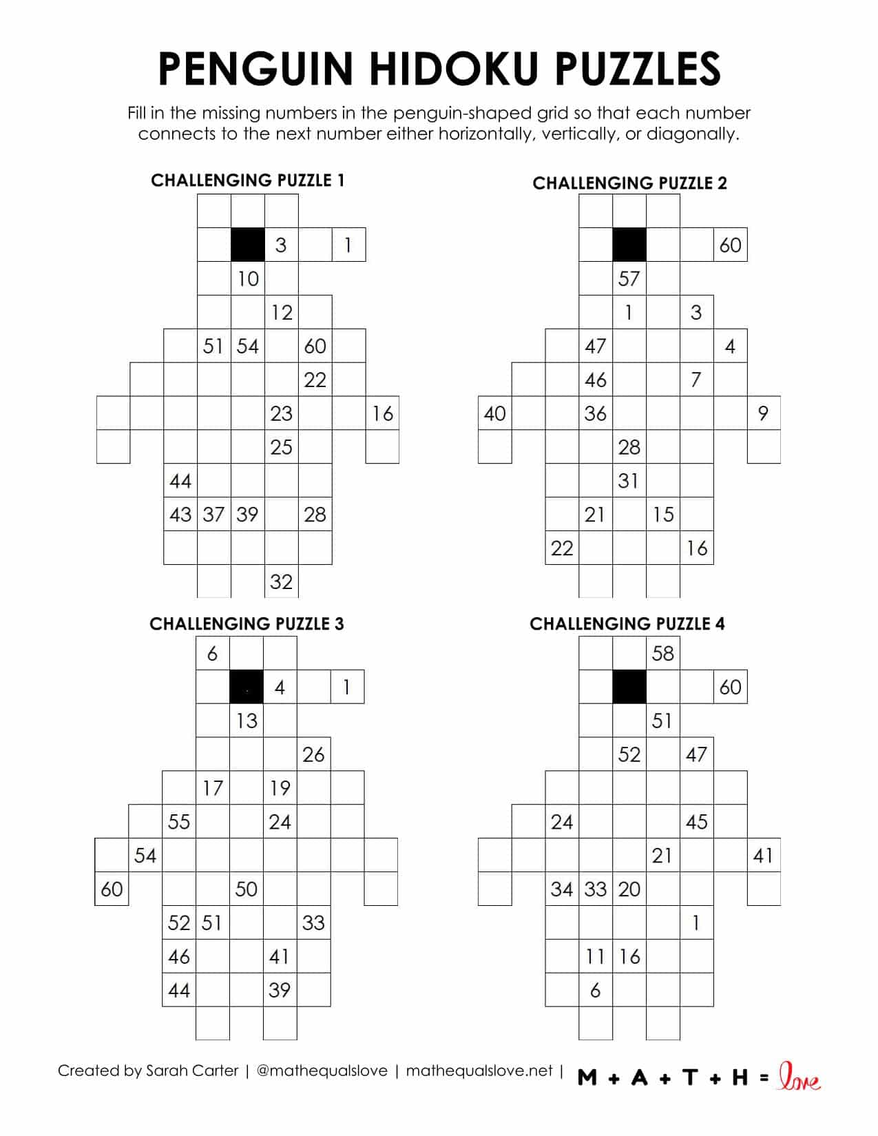 Penguin Hidoku Puzzles | Math = Love
