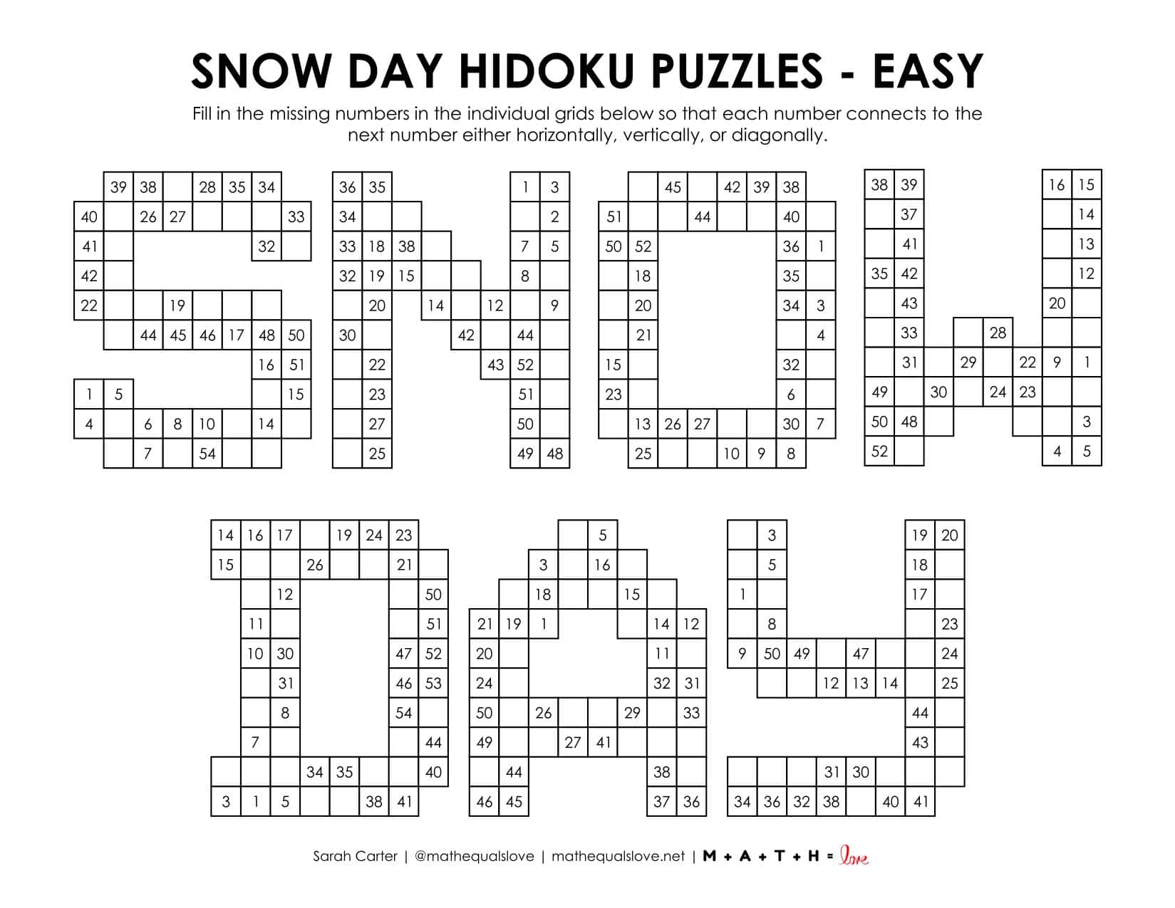 Snow Day Hidoku Logic Puzzles | Math = Love