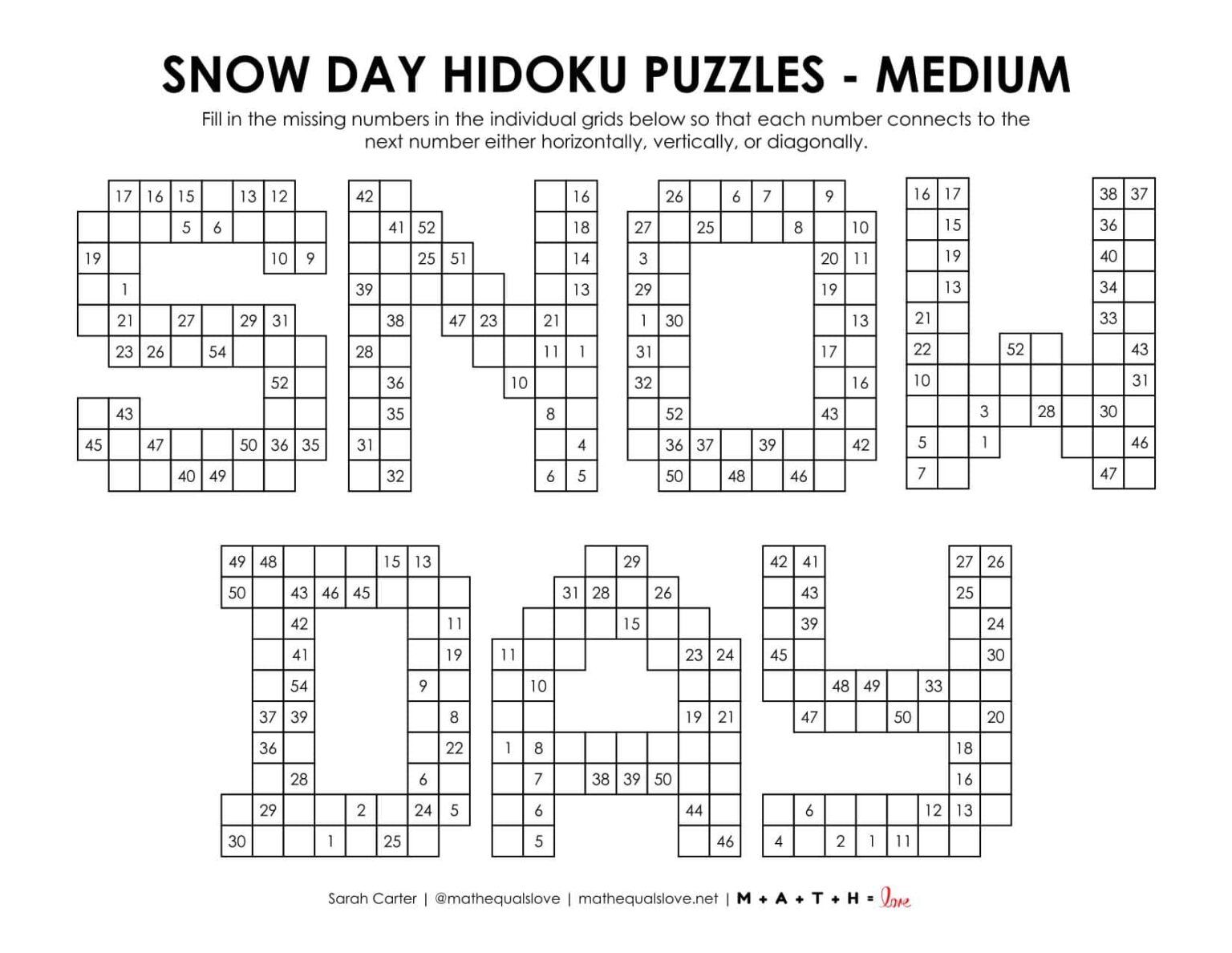 Snow Day Hidoku Logic Puzzles | Math = Love