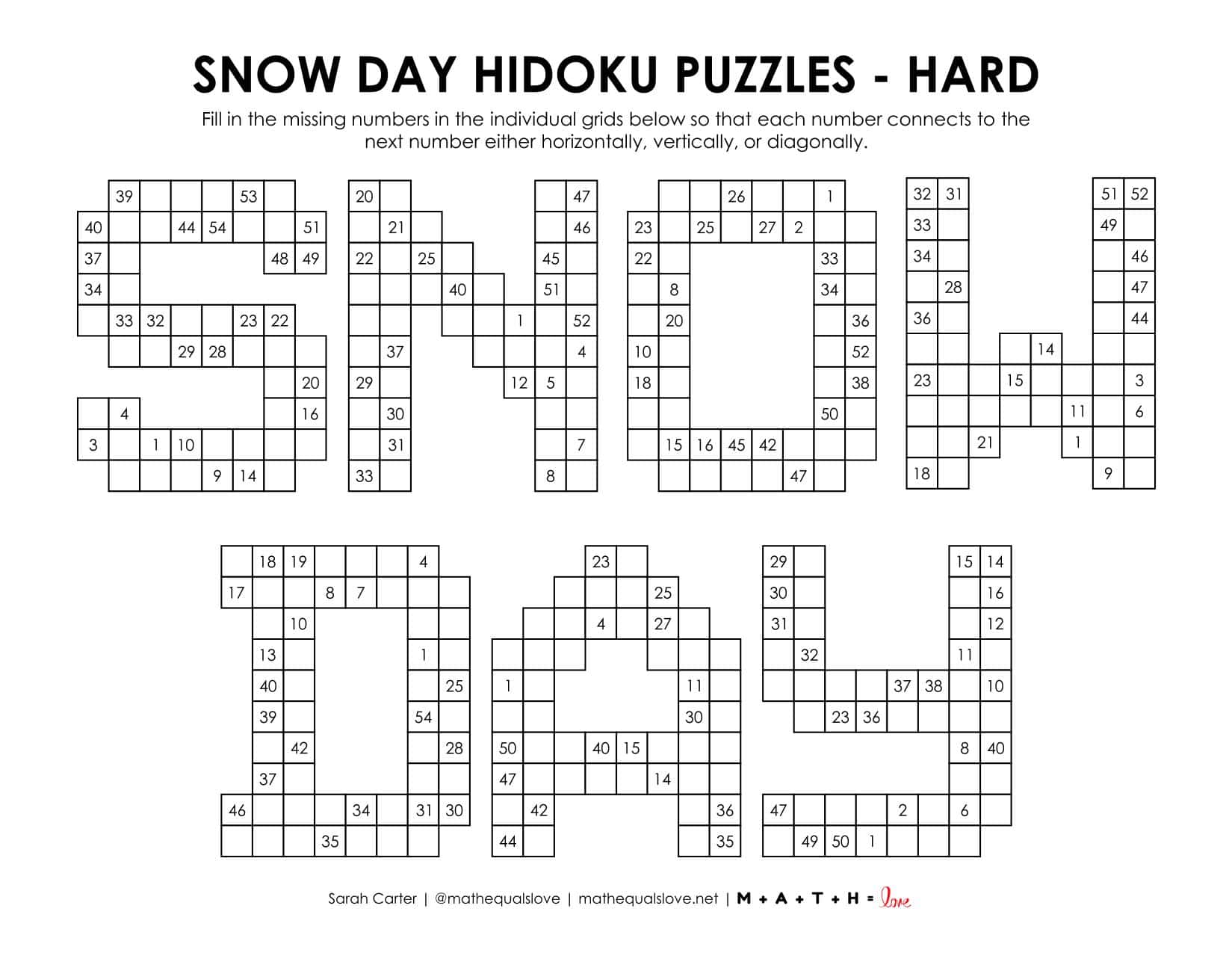Snow Day Hidoku Logic Puzzles | Math = Love