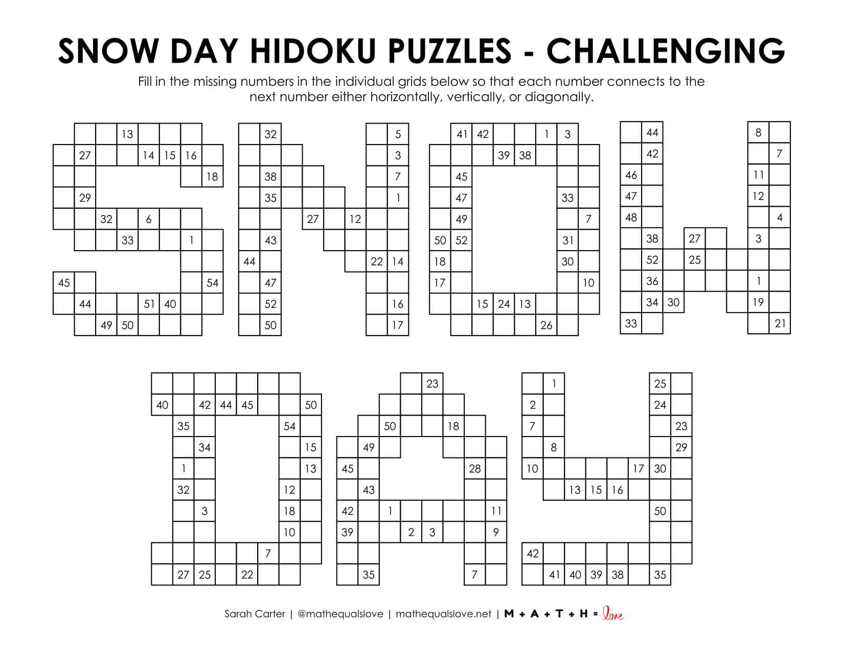 Snow Day Hidoku Logic Puzzles | Math = Love