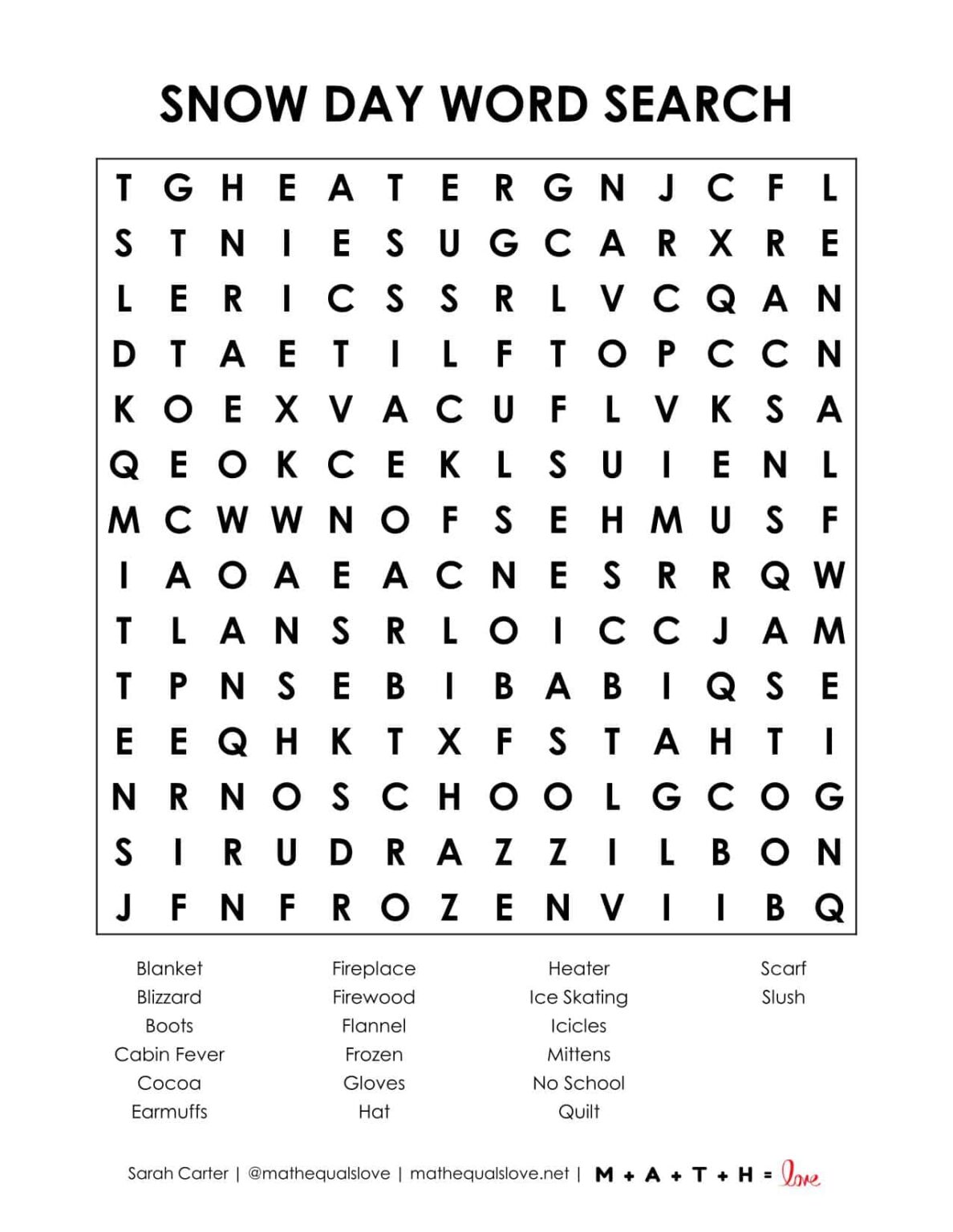 Snow Day Word Search | Math = Love