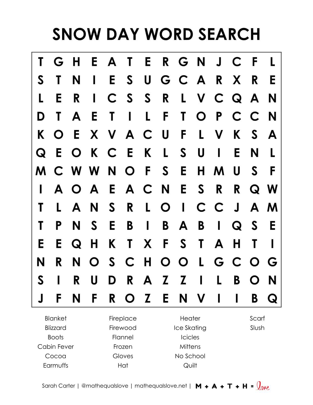 Snow Day Word Search | Math = Love