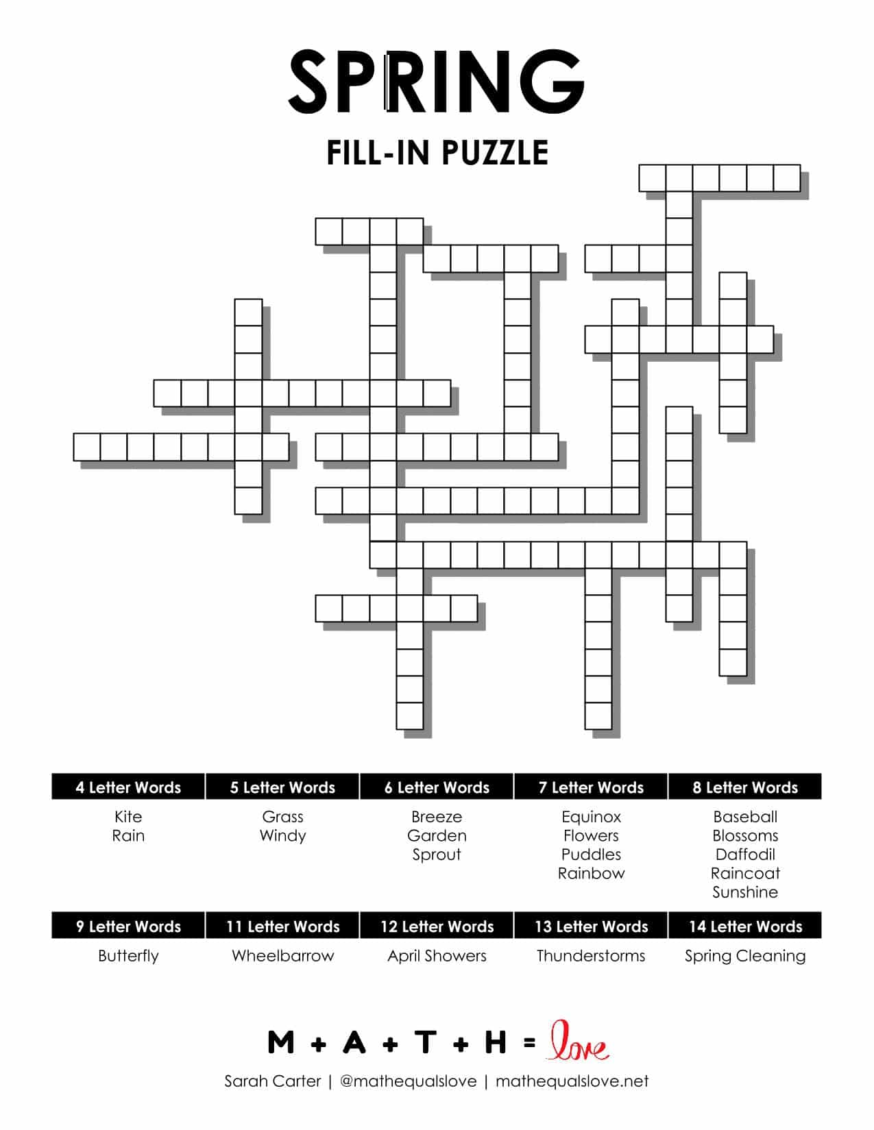 Spring Fill-In Puzzle | Math = Love