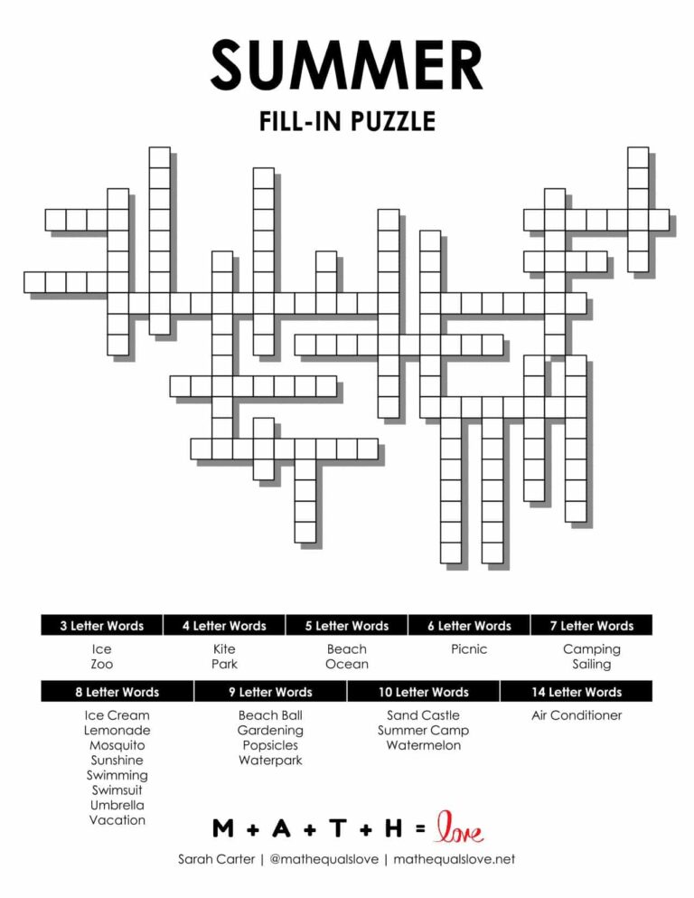 Summer Fill-In Puzzle | Math = Love