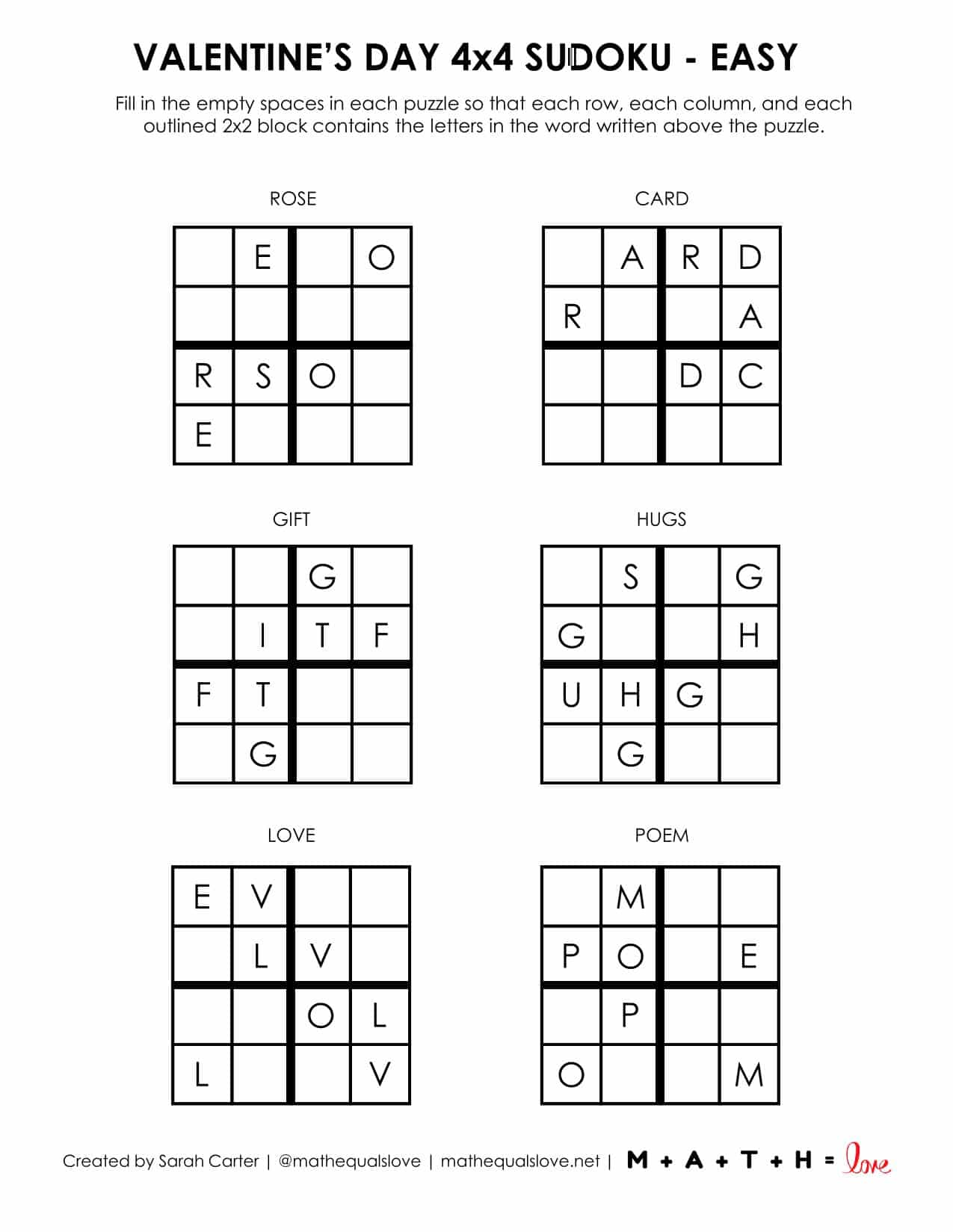 Valentines Sudoku – 4×4 Puzzles with Words | Math = Love