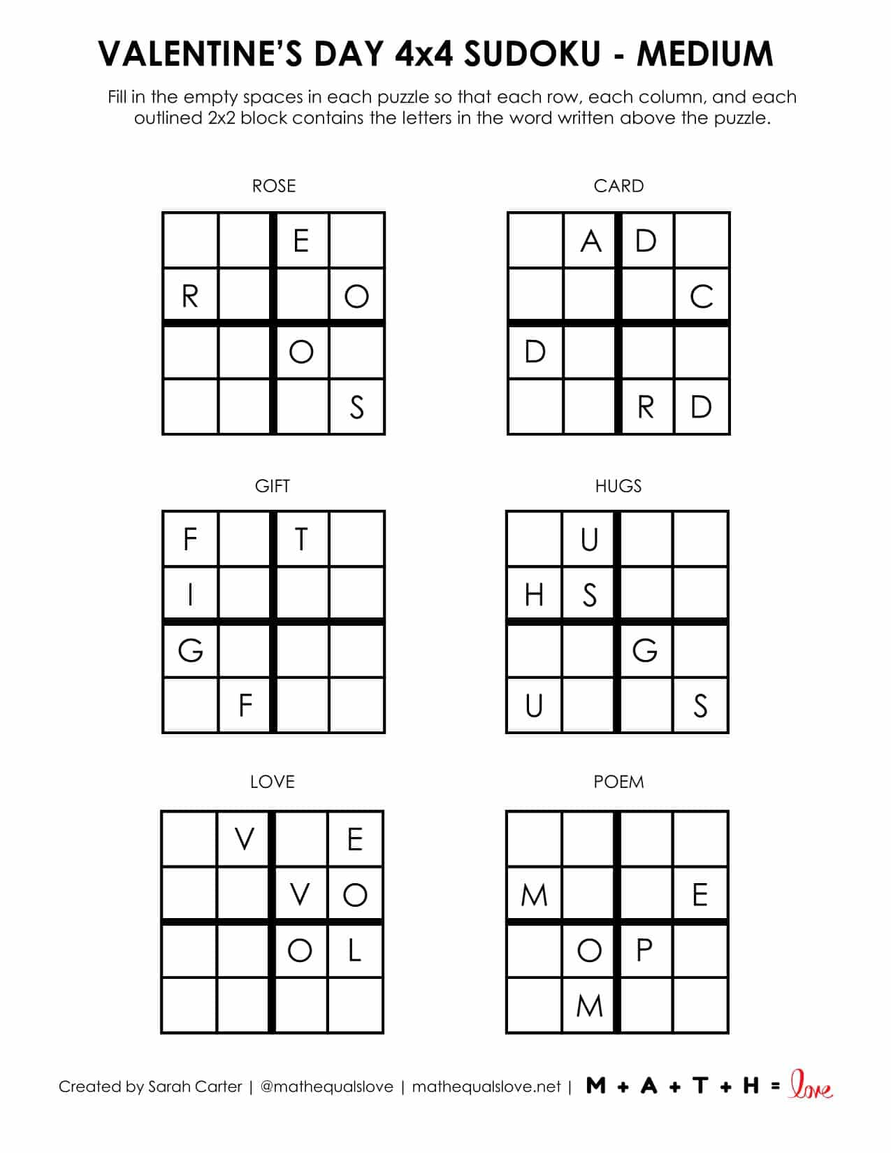Valentines Sudoku – 4×4 Puzzles with Words | Math = Love