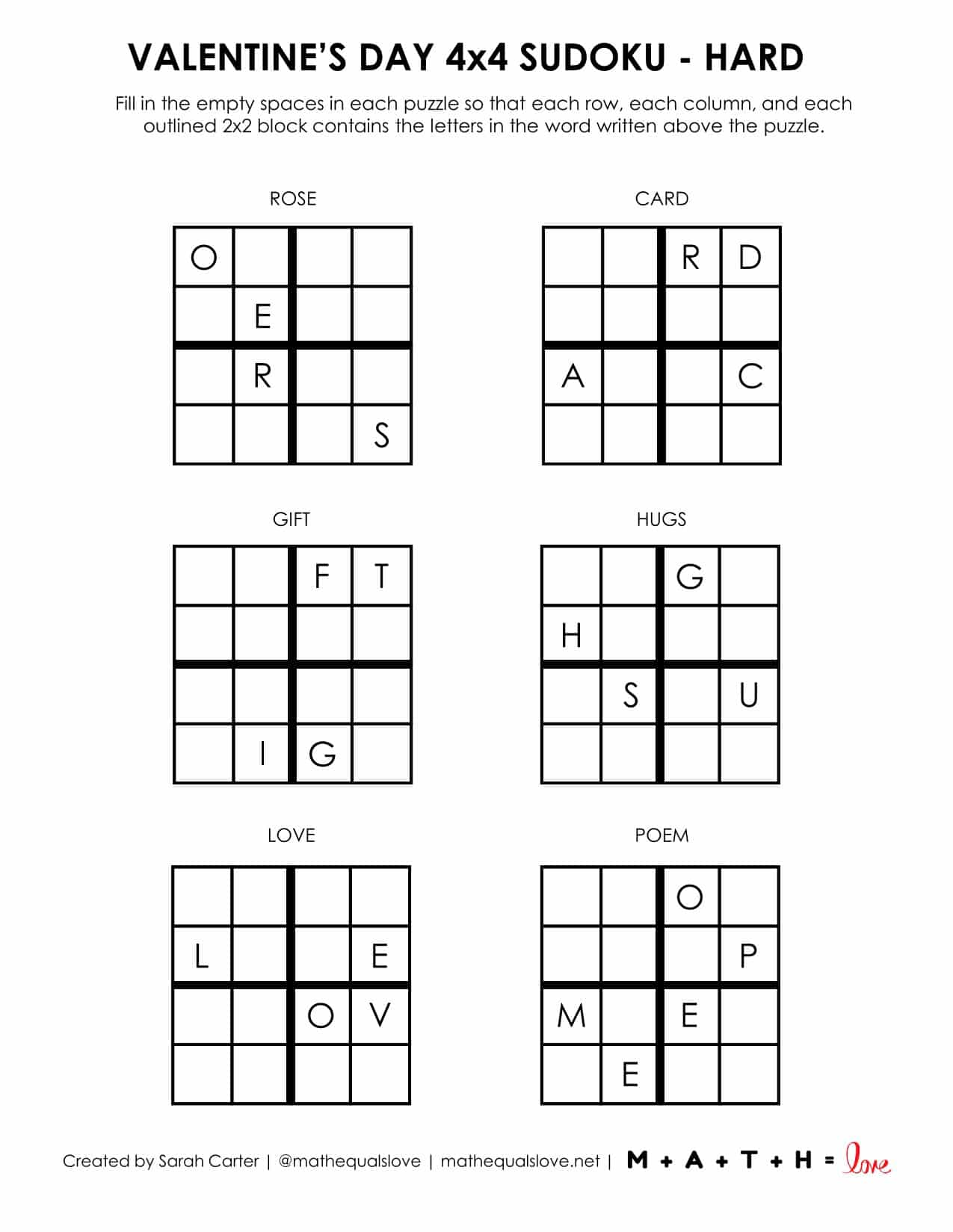 Valentines Sudoku – 4×4 Puzzles with Words | Math = Love
