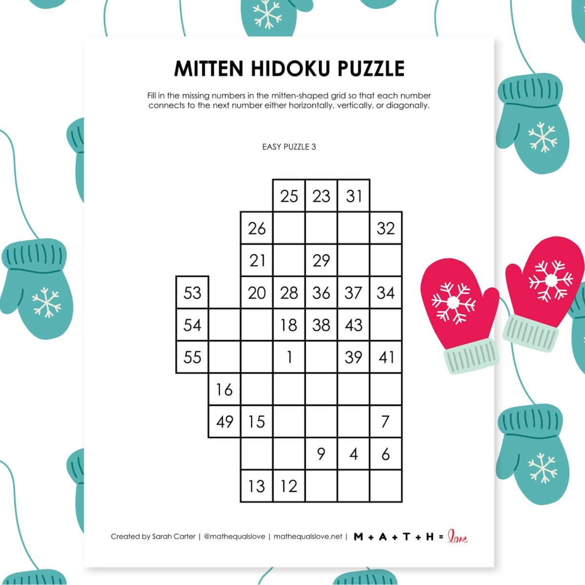 Mitten Hidoku Puzzles for Winter | Math = Love