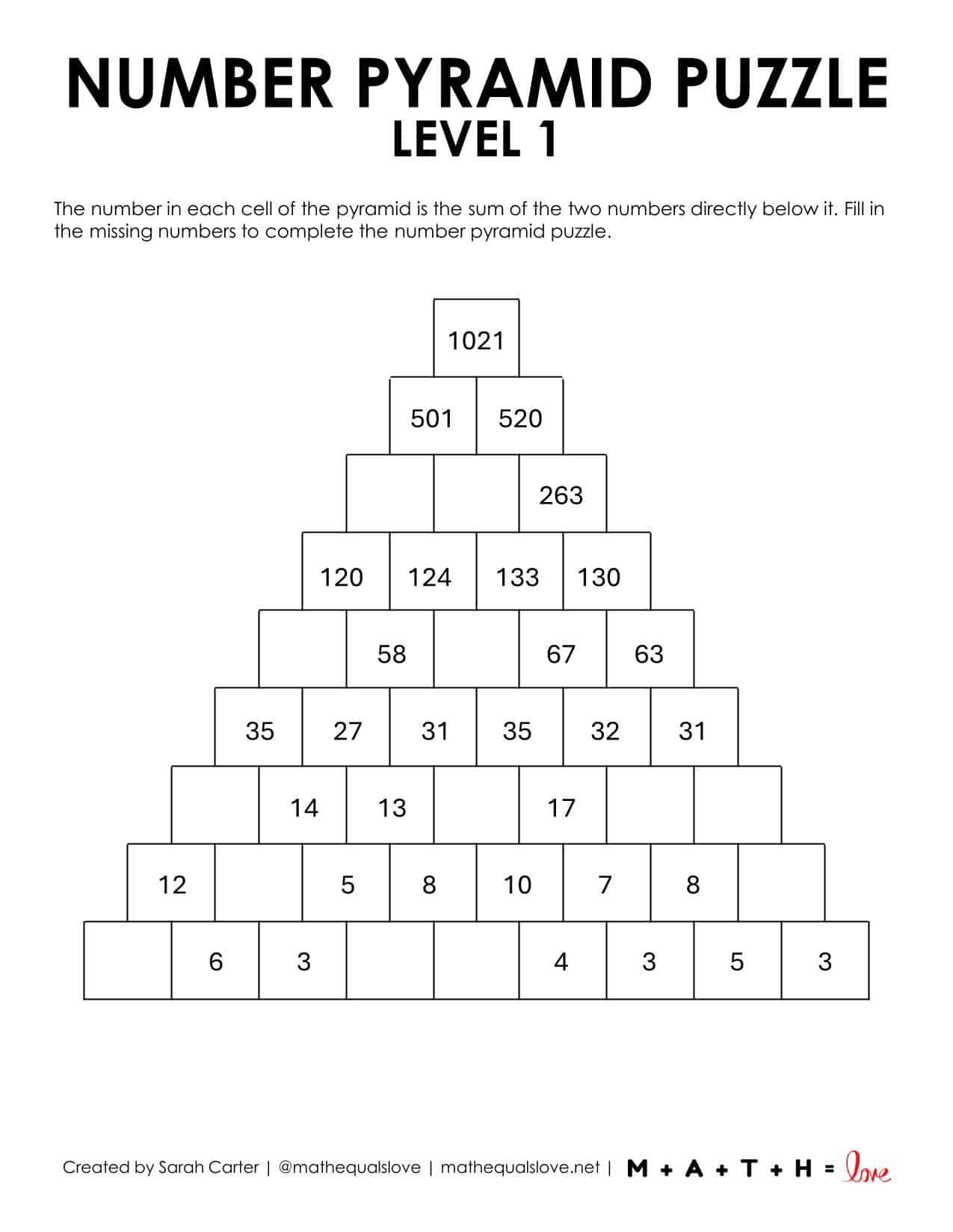 Number Pyramid Puzzles | Math = Love