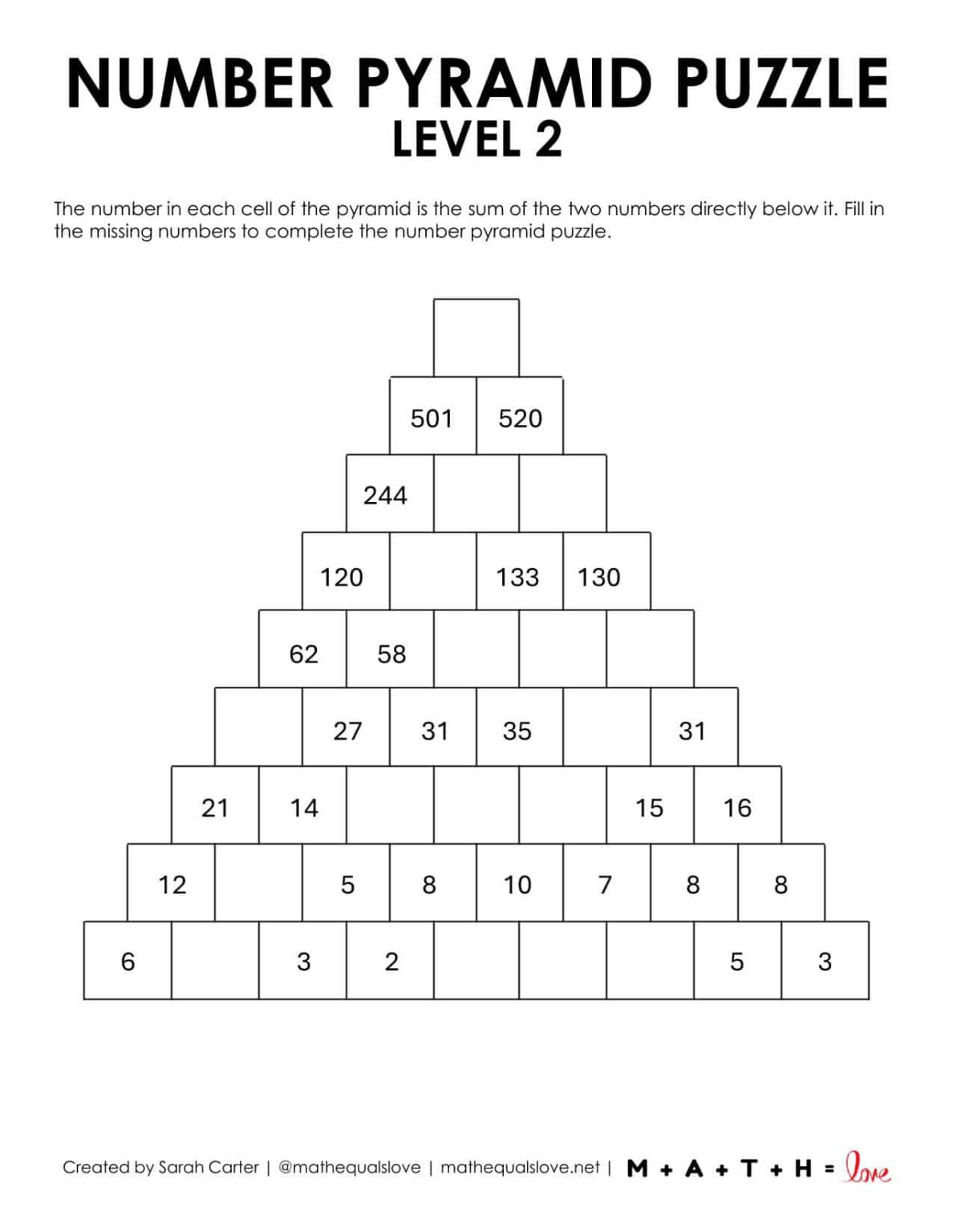 Number Pyramid Puzzles | Math = Love