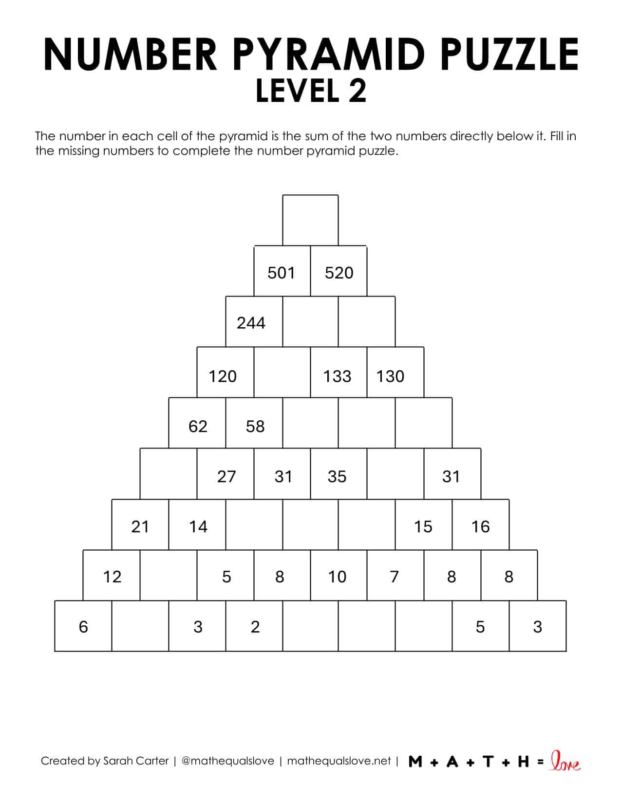 Number Pyramid Puzzles | Math = Love