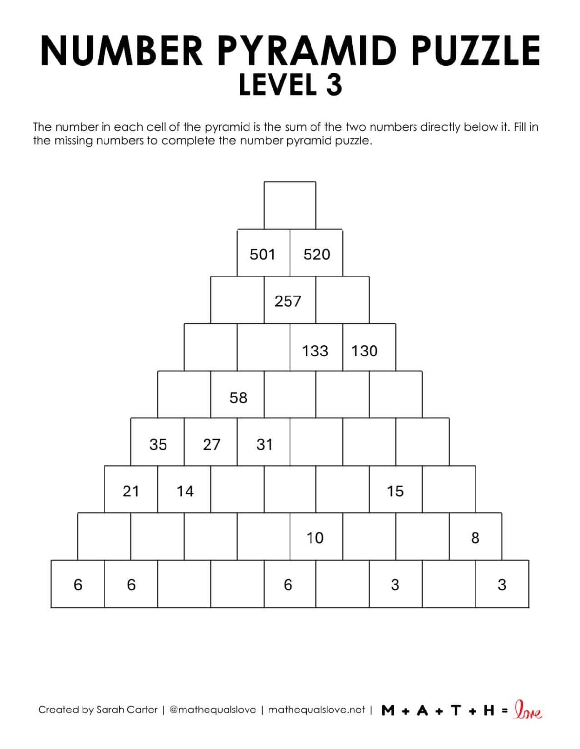 Number Pyramid Puzzles | Math = Love