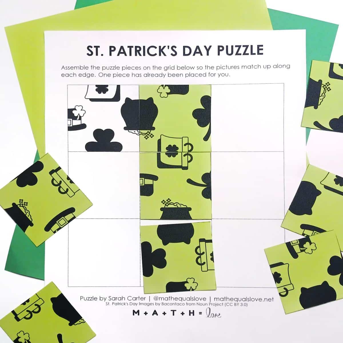 St. Patrick's Day Square Edge Matching Puzzle | Math = Love