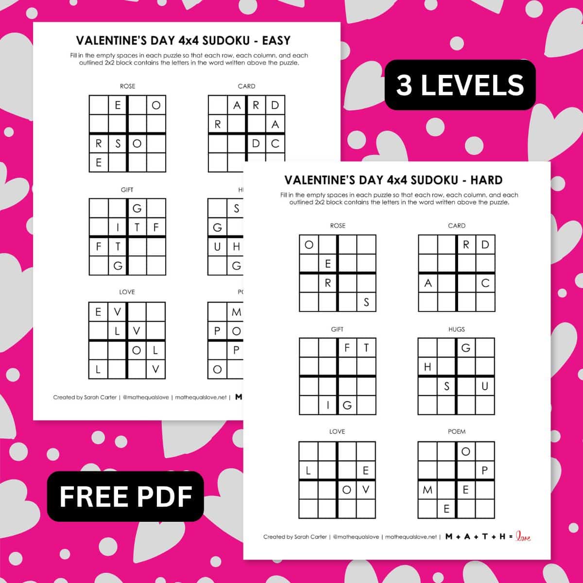 Valentines Sudoku – 4×4 Puzzles with Words | Math = Love