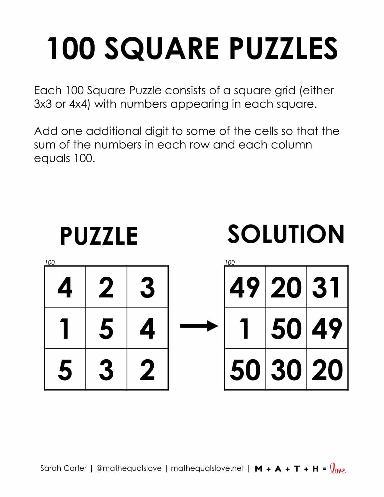 100 Square Logic Puzzles | Math = Love