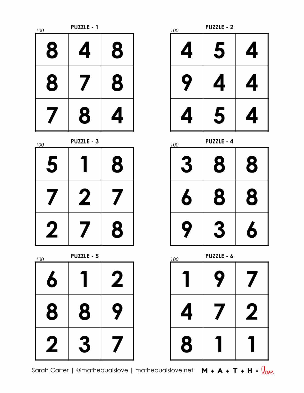 100 Square Digit Addition Logic Puzzles | Math = Love