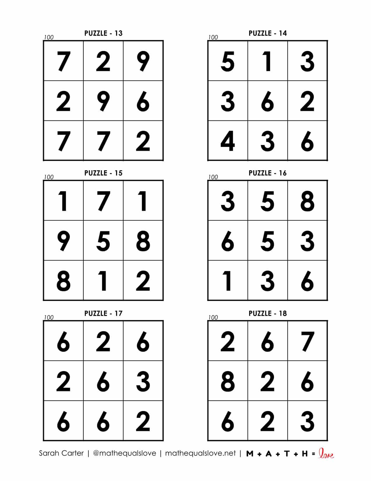 100 Square Digit Addition Logic Puzzles | Math = Love