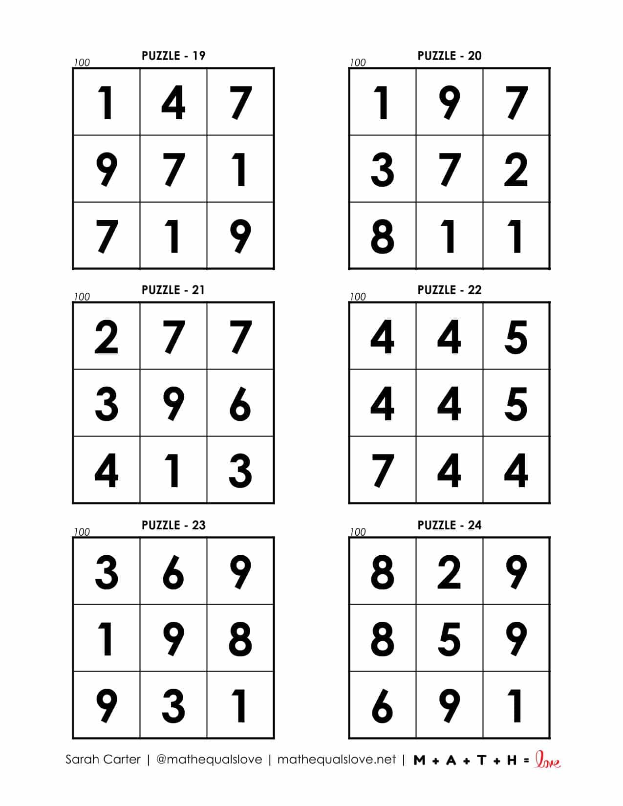 100 Square Digit Addition Logic Puzzles | Math = Love