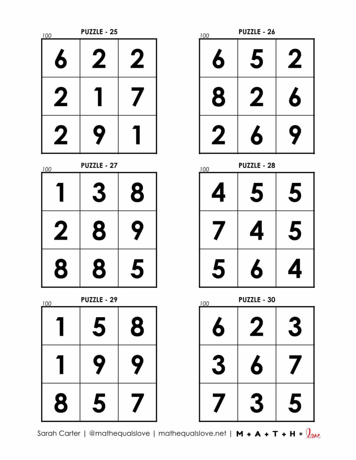 100 Square Digit Addition Logic Puzzles | Math = Love