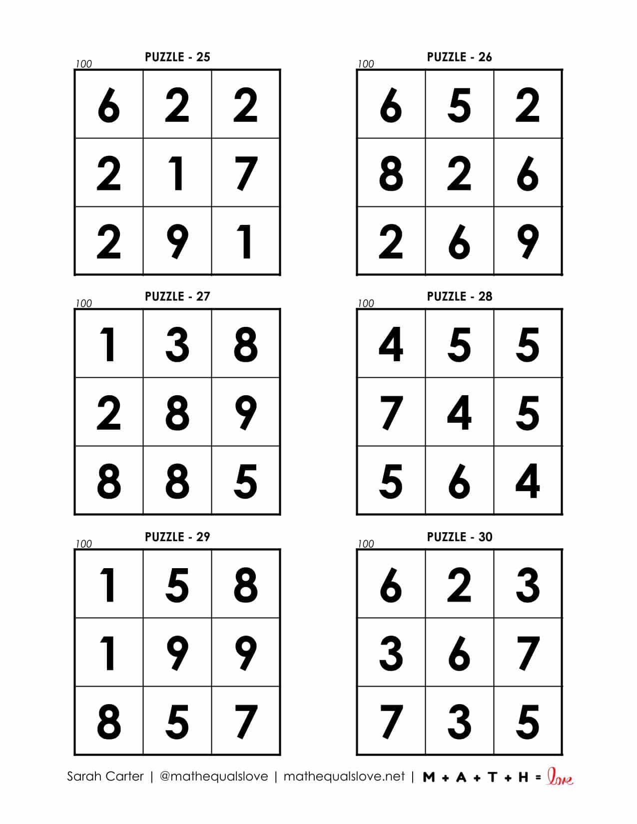 100 Square Digit Addition Logic Puzzles | Math = Love