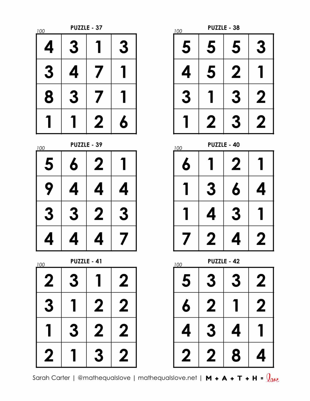 100 Square Digit Addition Logic Puzzles | Math = Love
