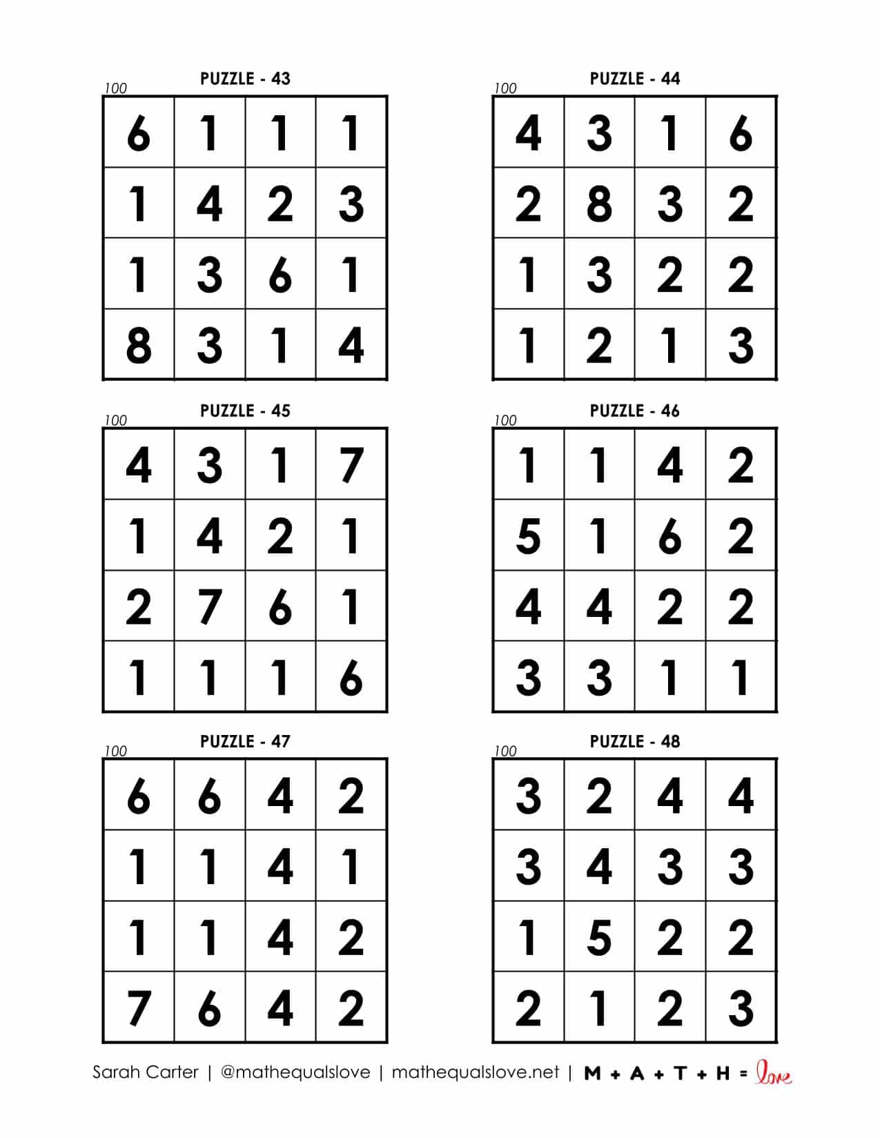 100 Square Digit Addition Logic Puzzles | Math = Love