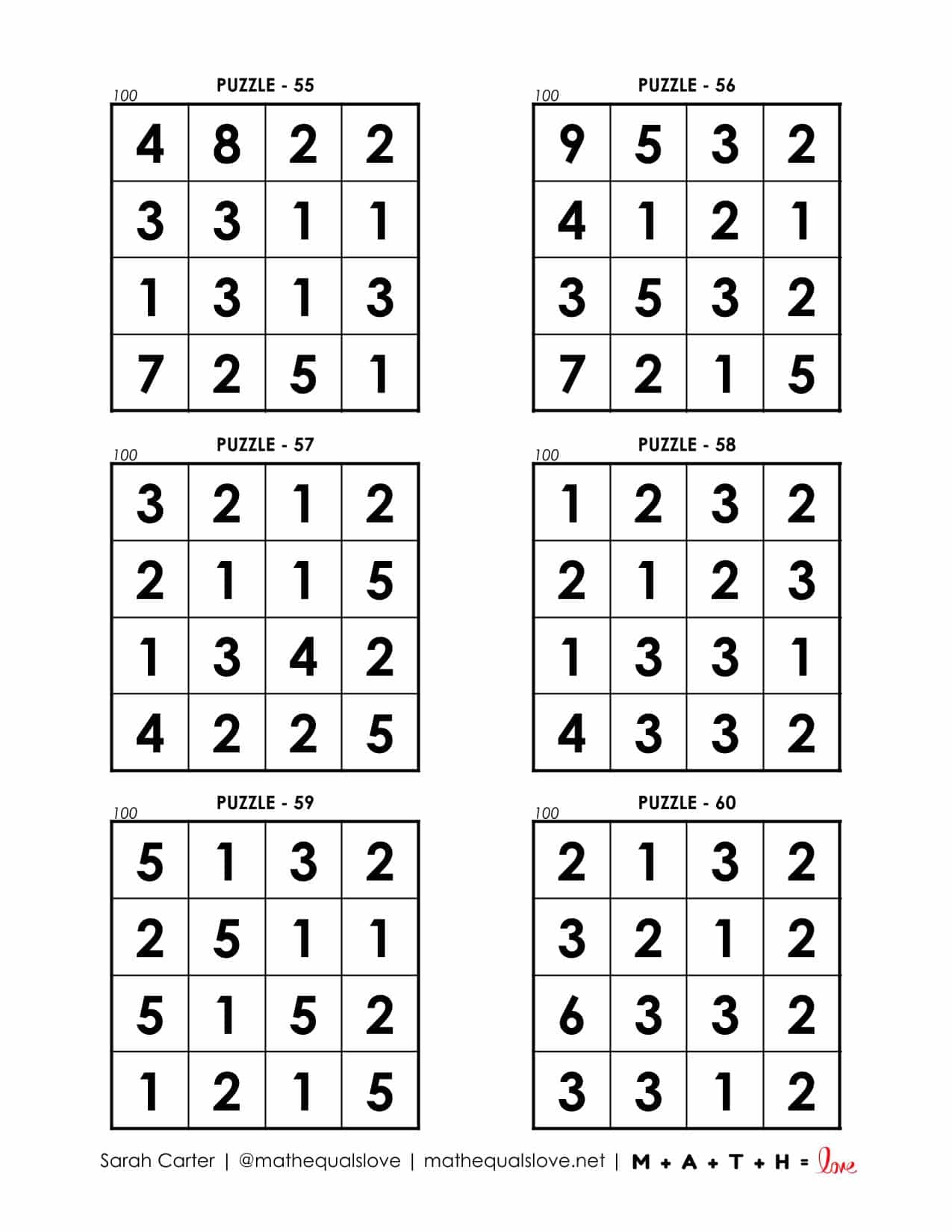 100 Square Digit Addition Logic Puzzles | Math = Love
