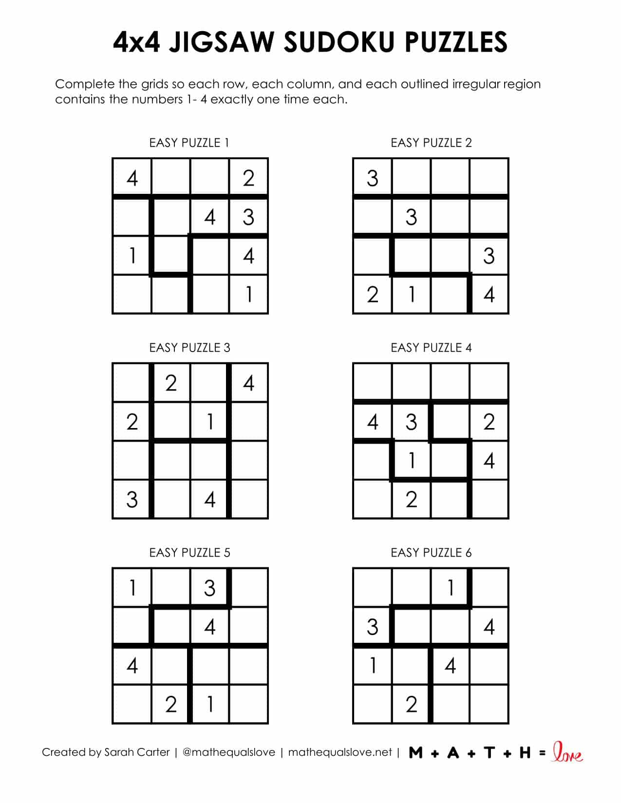 4x4 Jigsaw Sudoku Puzzles | Math = Love