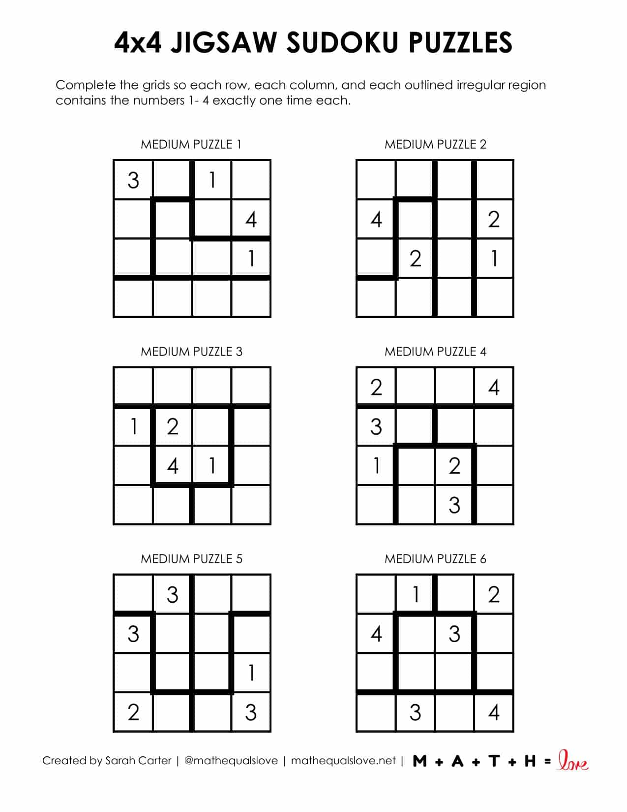 4x4 Jigsaw Sudoku Puzzles | Math = Love