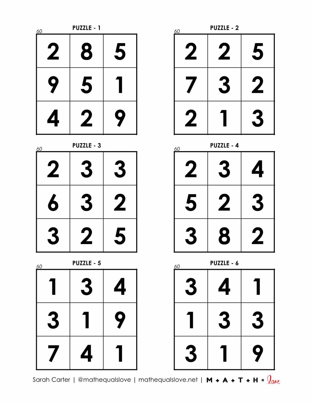 60 Square Digit Addition Logic Puzzles | Math = Love