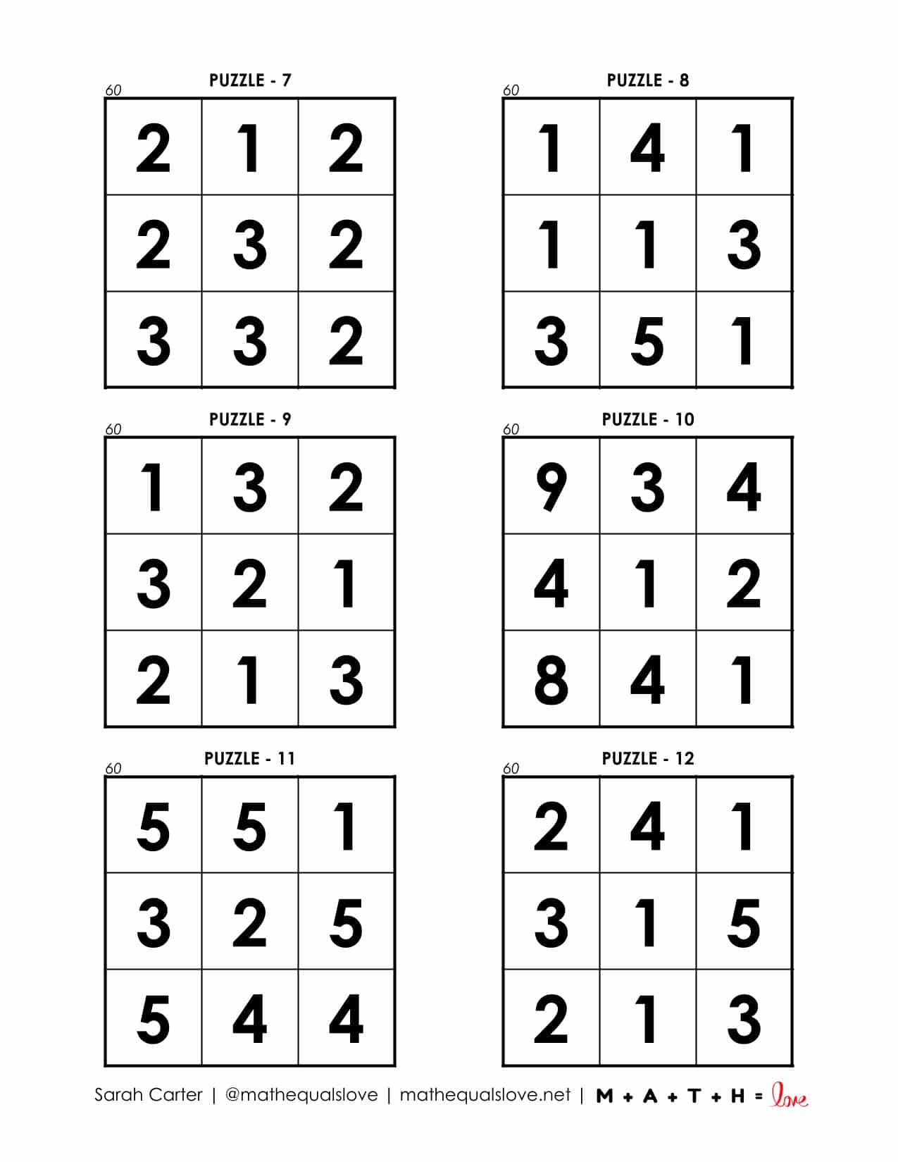 60 Square Digit Addition Logic Puzzles | Math = Love