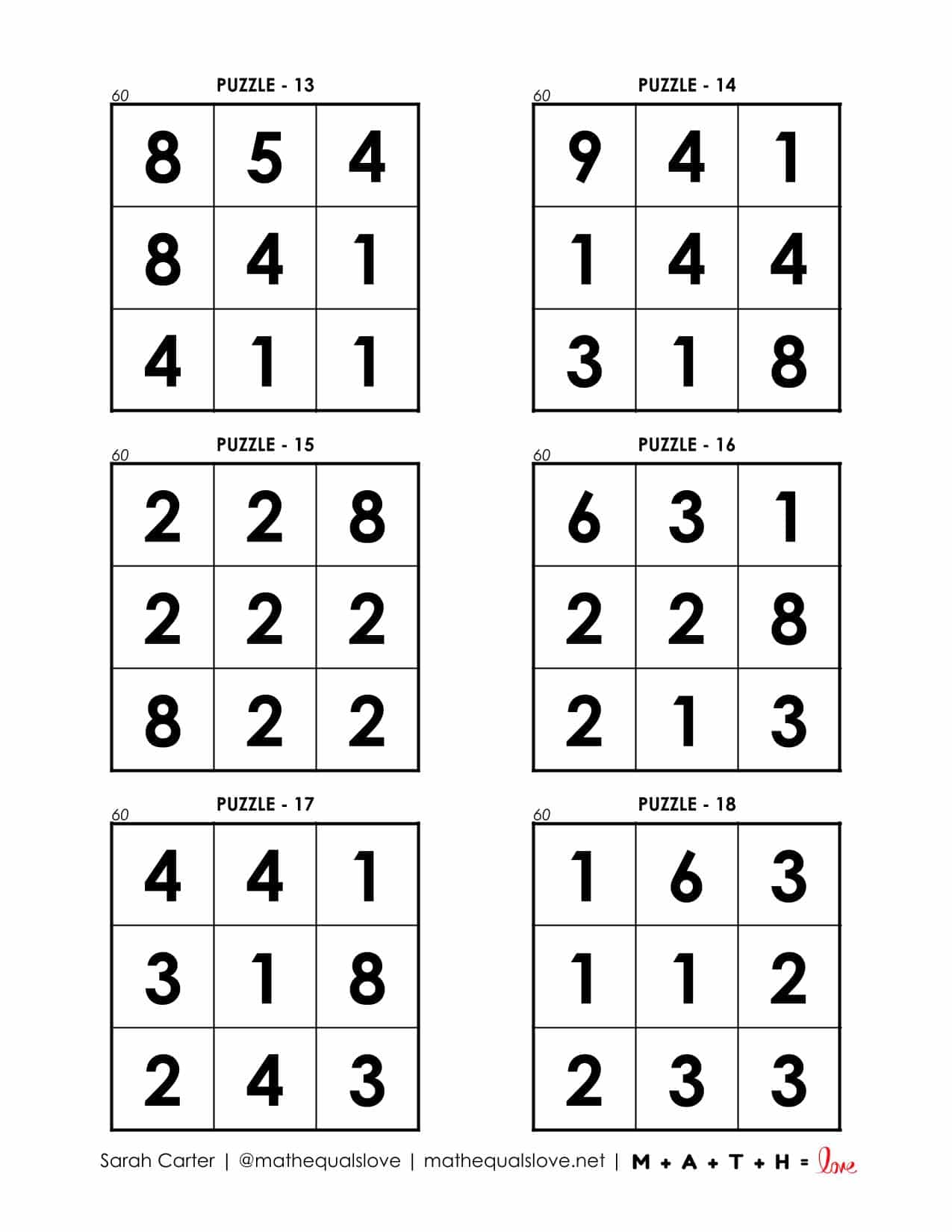 60 Square Digit Addition Logic Puzzles | Math = Love