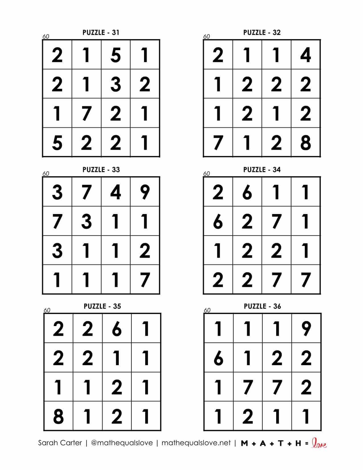 60 Square Digit Addition Logic Puzzles | Math = Love