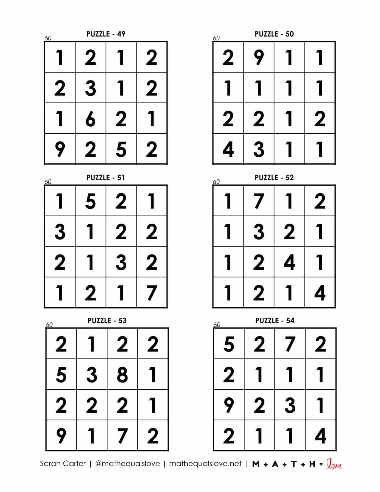 60 Square Digit Addition Logic Puzzles | Math = Love