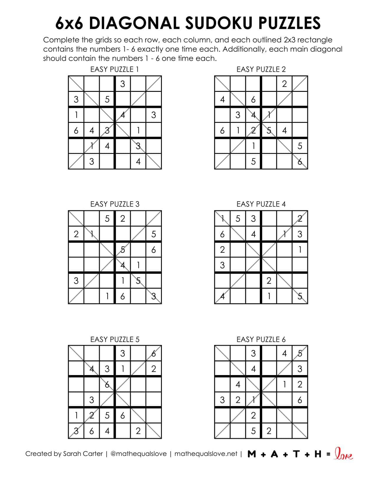 6x6 Diagonal Sudoku Puzzles | Math = Love