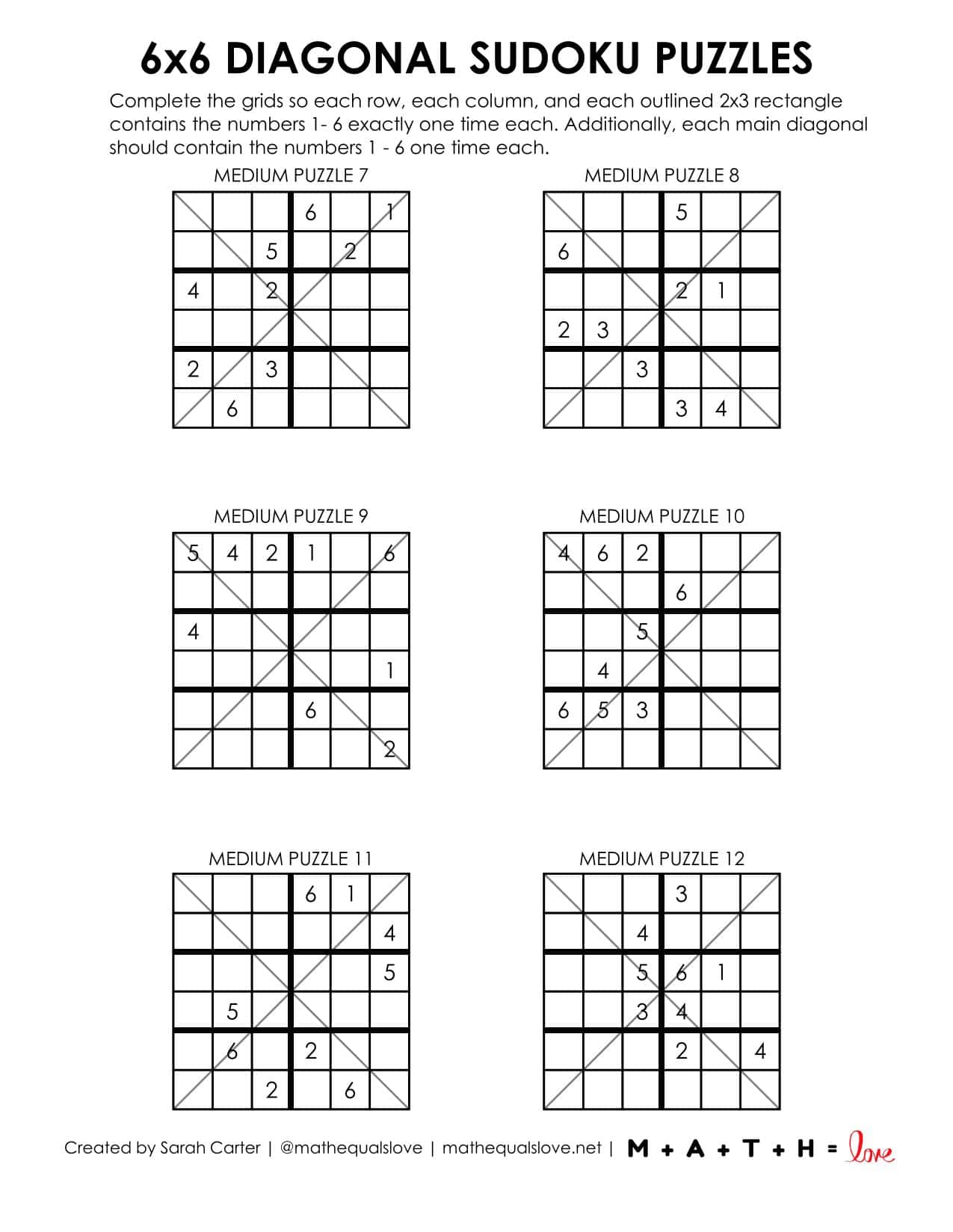 6x6 Diagonal Sudoku Puzzles | Math = Love