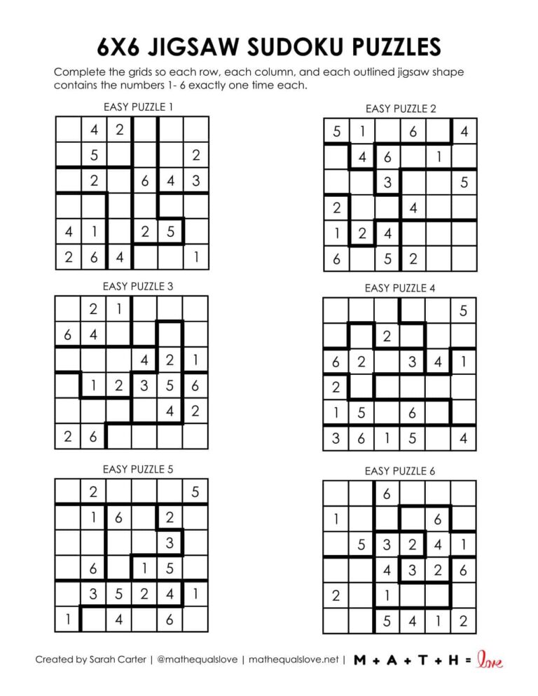 6x6 Jigsaw Sudoku Puzzles (Free Printable PDF)