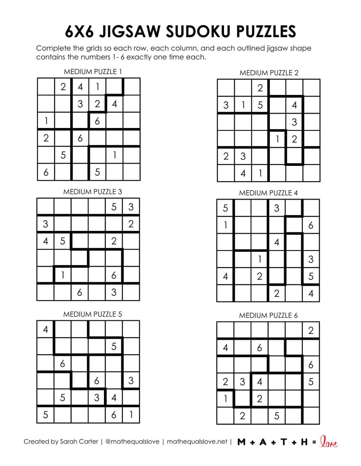 6x6 Jigsaw Sudoku Puzzles (Free Printable PDF)
