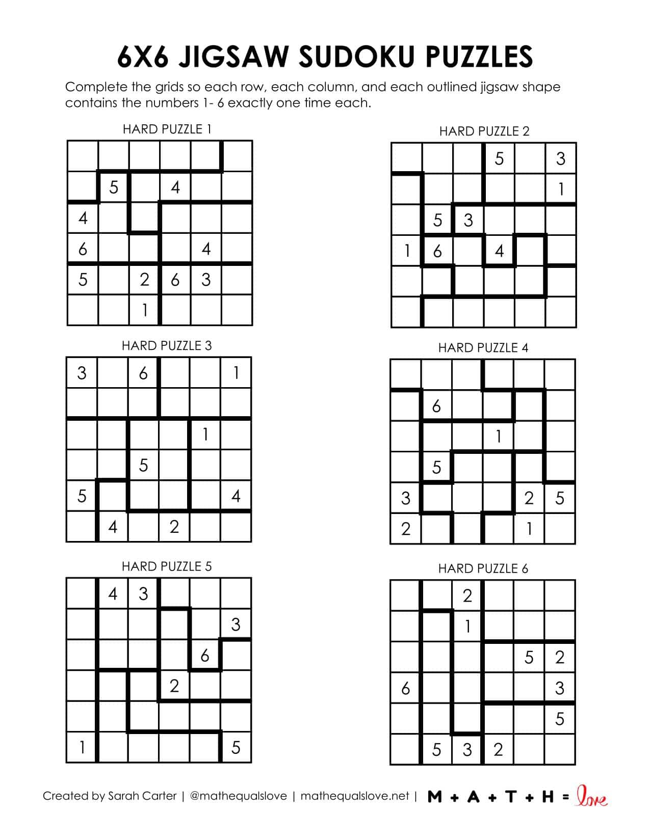 6x6 Jigsaw Sudoku Puzzles (Free Printable PDF)