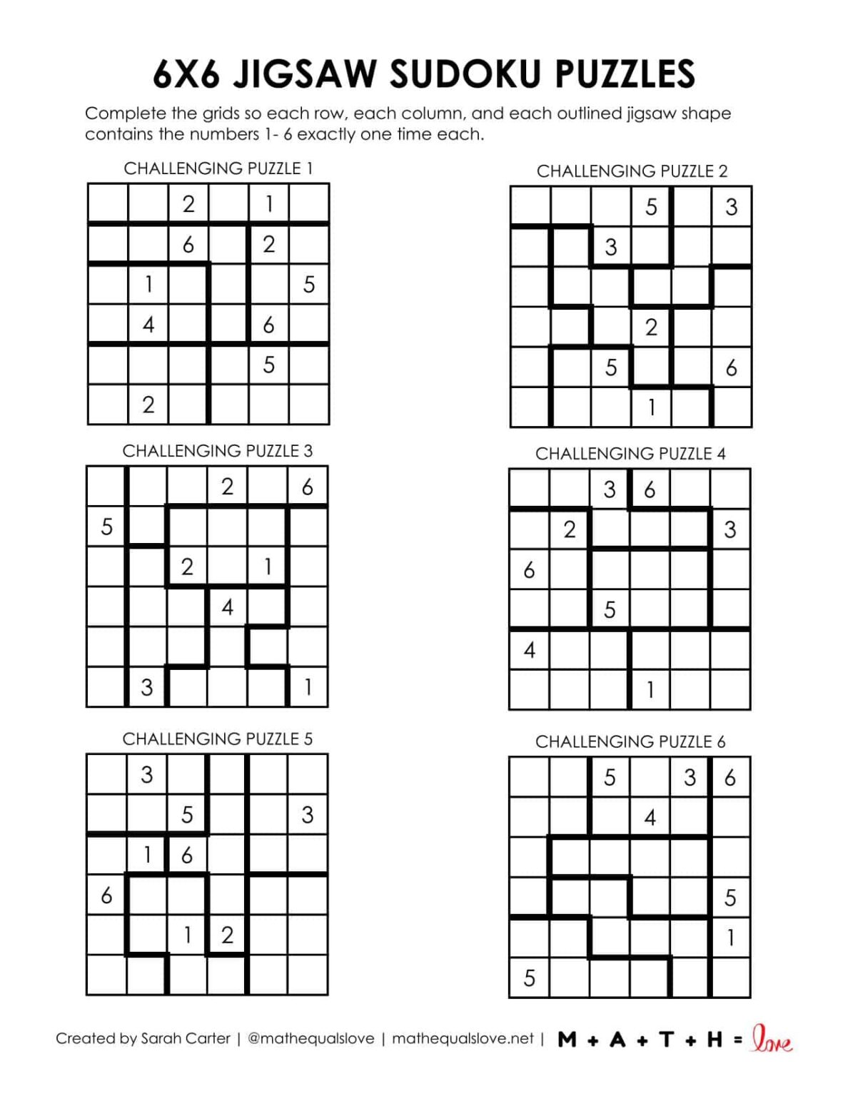 6x6 Jigsaw Sudoku Puzzles (Free Printable PDF)