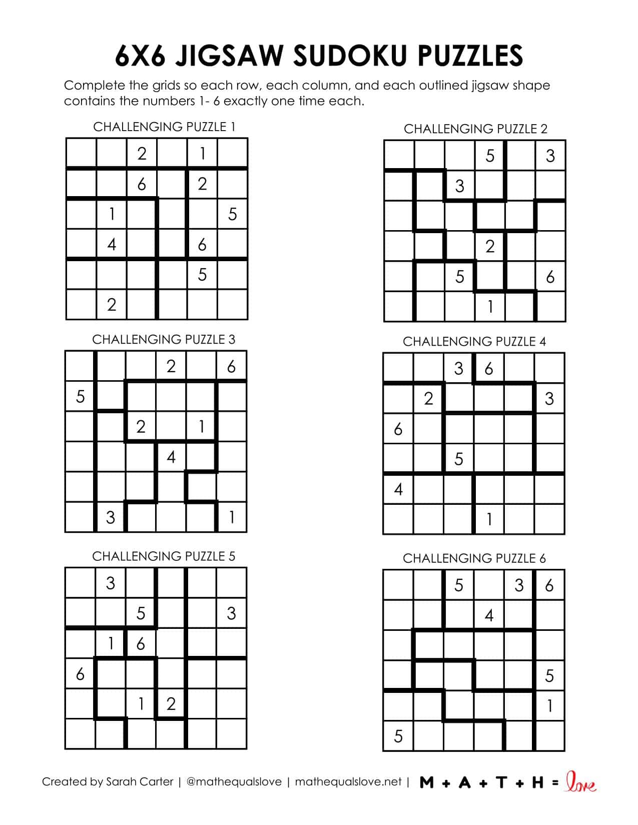 6x6 Jigsaw Sudoku Puzzles (Free Printable PDF)
