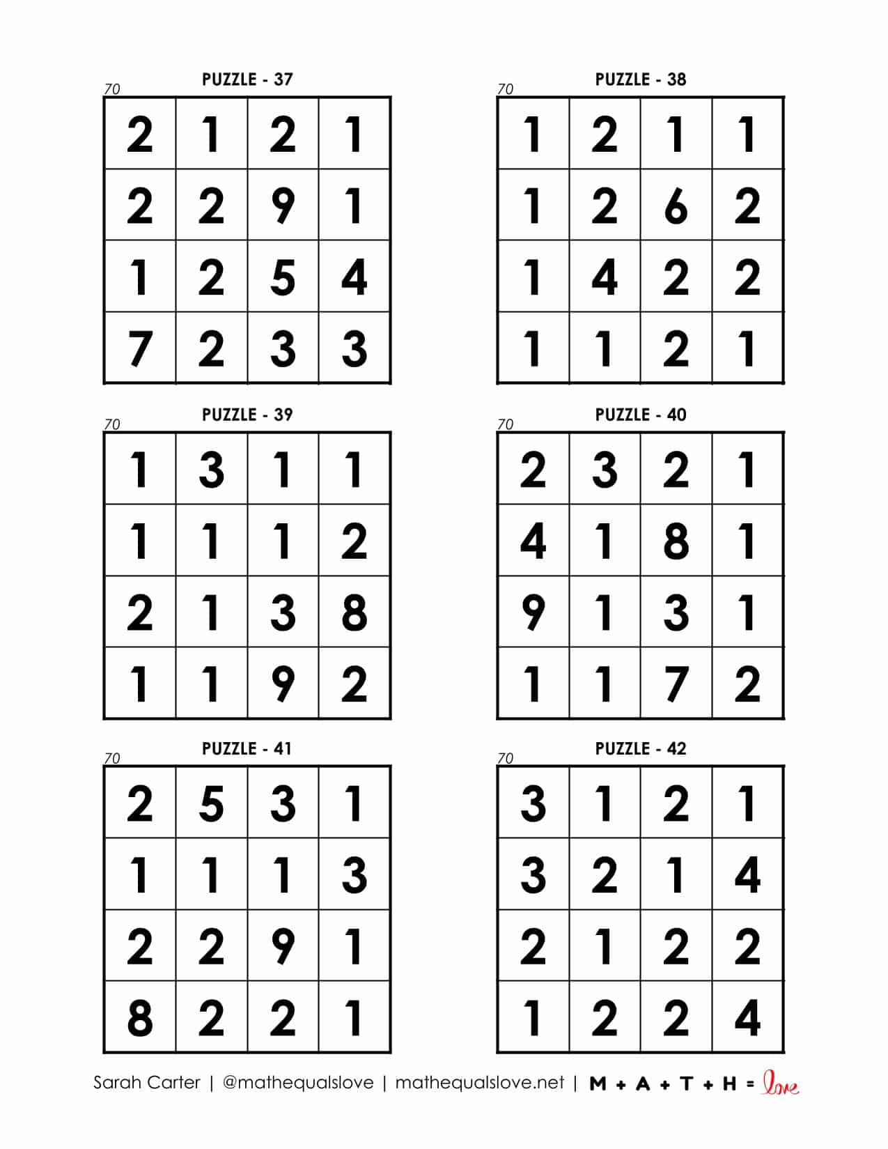 70 Square Digit Addition Logic Puzzles | Math = Love
