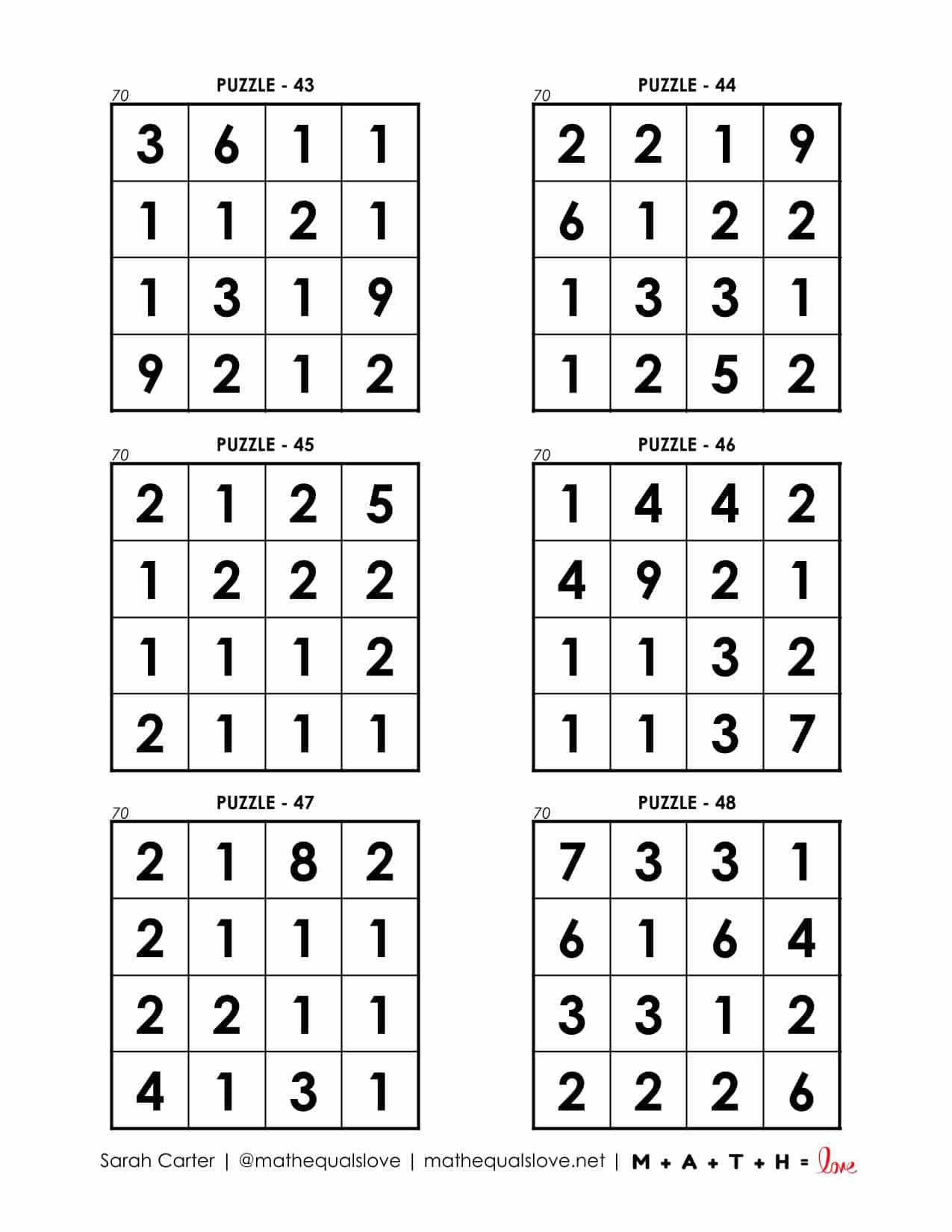 70 Square Digit Addition Logic Puzzles | Math = Love