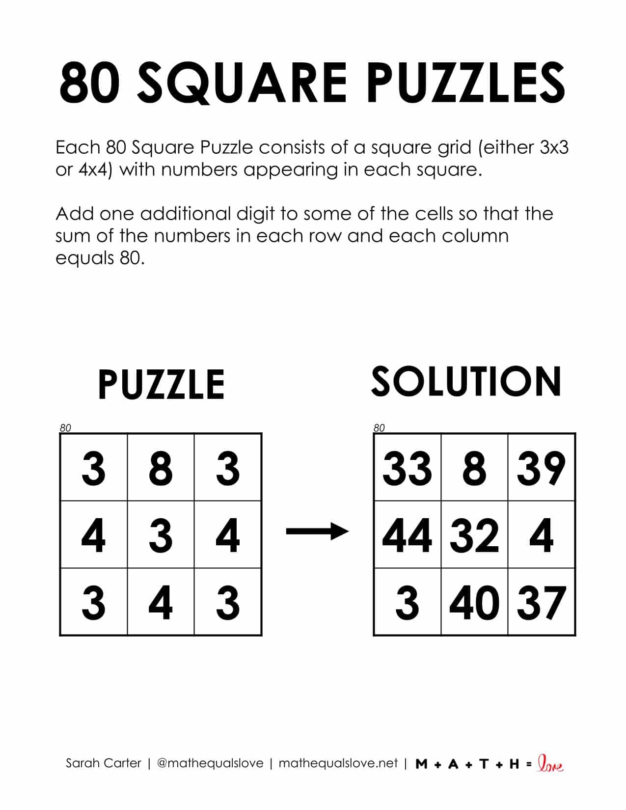 80 Square Digit Addition Logic Puzzles | Math = Love