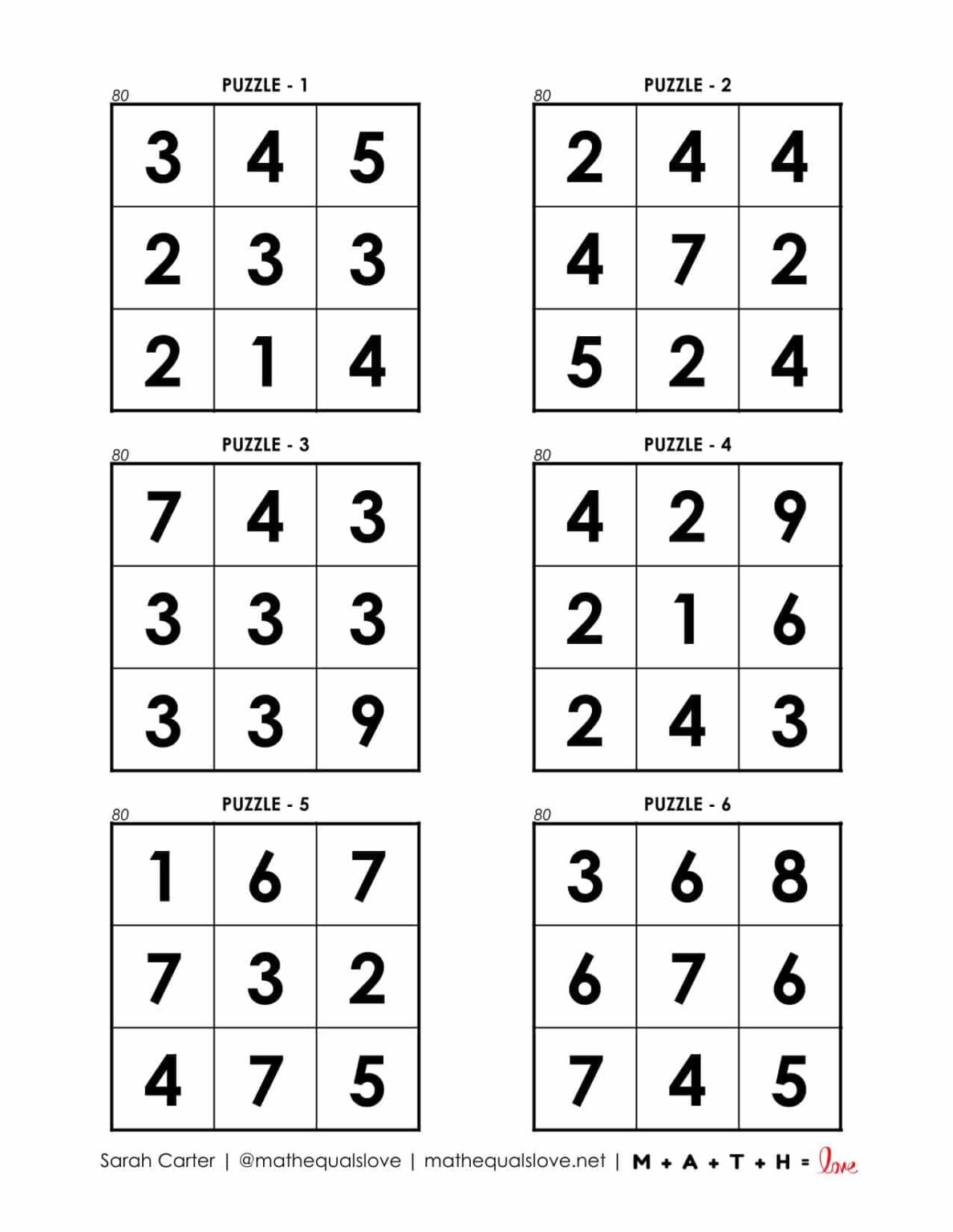 80 Square Digit Addition Logic Puzzles | Math = Love