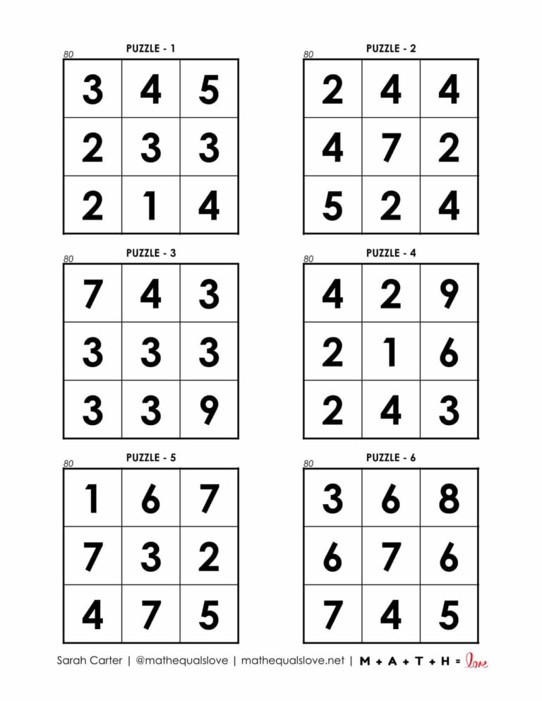 80 Square Digit Addition Logic Puzzles | Math = Love