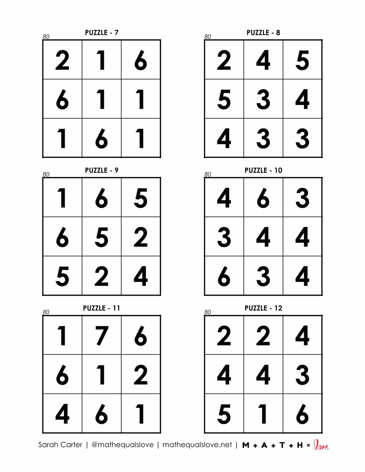 80 Square Digit Addition Logic Puzzles | Math = Love
